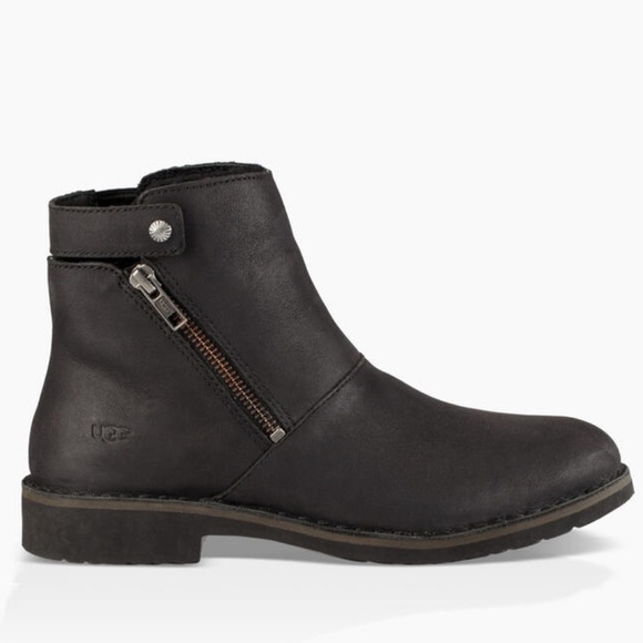 UGG | Shoes | Ugg Kayel Black Leather Ankle Boot Sheepskin Wool Lining ...